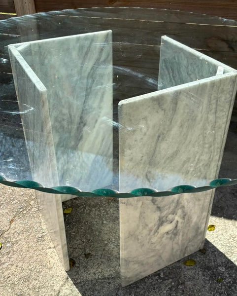 Geometric Marble Table and Scalloped Glass Top, Adjustable Base, Multi ...