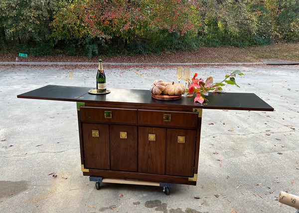 Thomasville Serving Bar Cart MCM Campaign Style Walnut Bar/Cabinet W ...