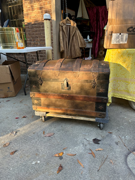 Large Metal Chest With Wooden and Leather Accents and Detailed Compart ...