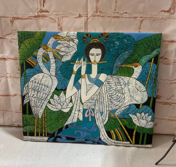 1980s Zhang Hongbin Blue and Green Asian Abstract Painting, Framed or ...